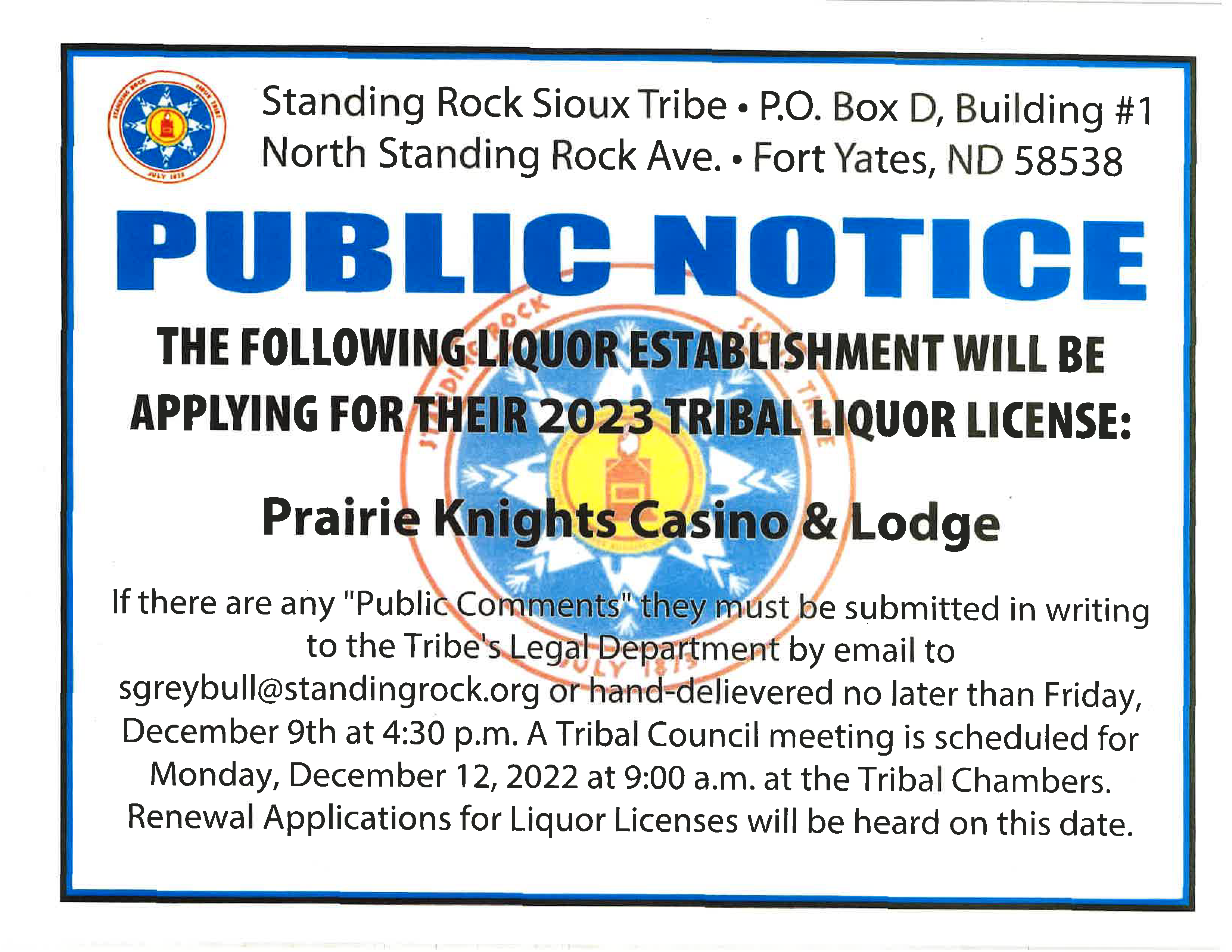 Public Notice Liquor License Prairie Knights Casino - Standing Rock